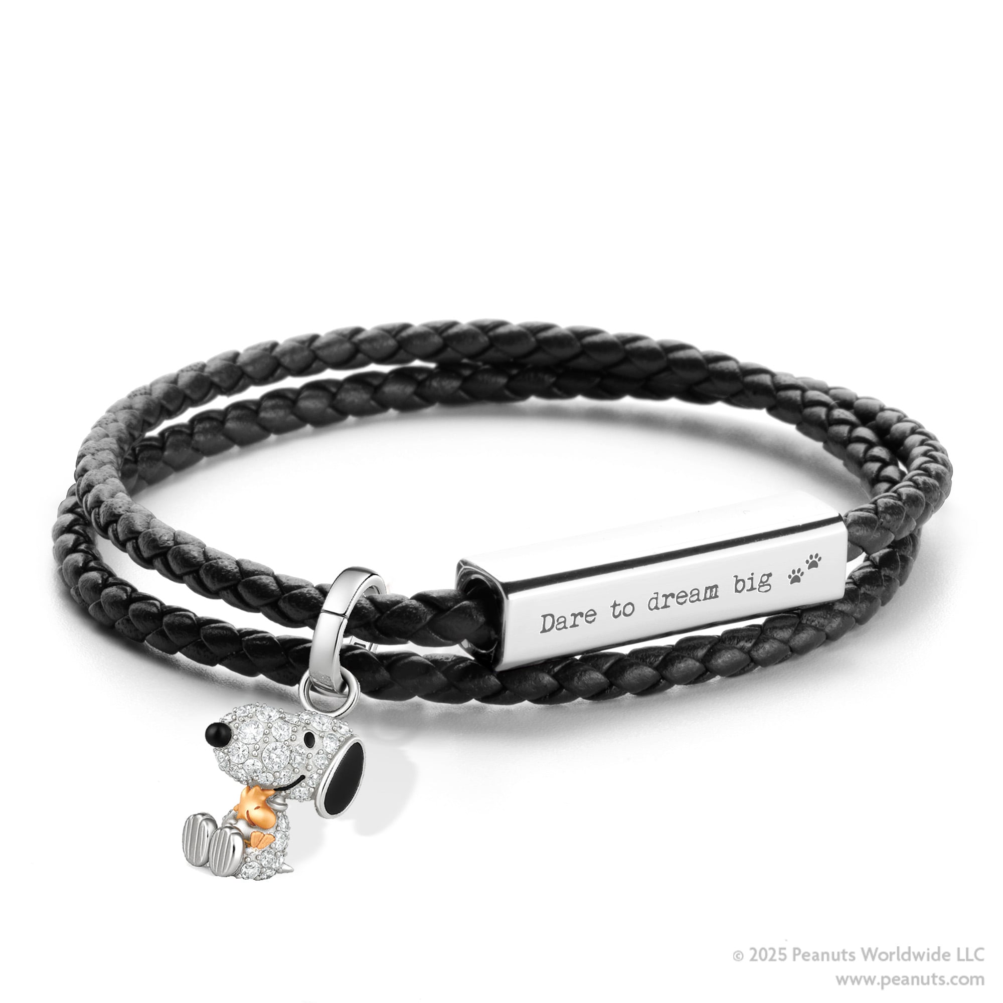 Peanuts Customized Italian Leather Wrap Bracelet - Jet Black White Gold