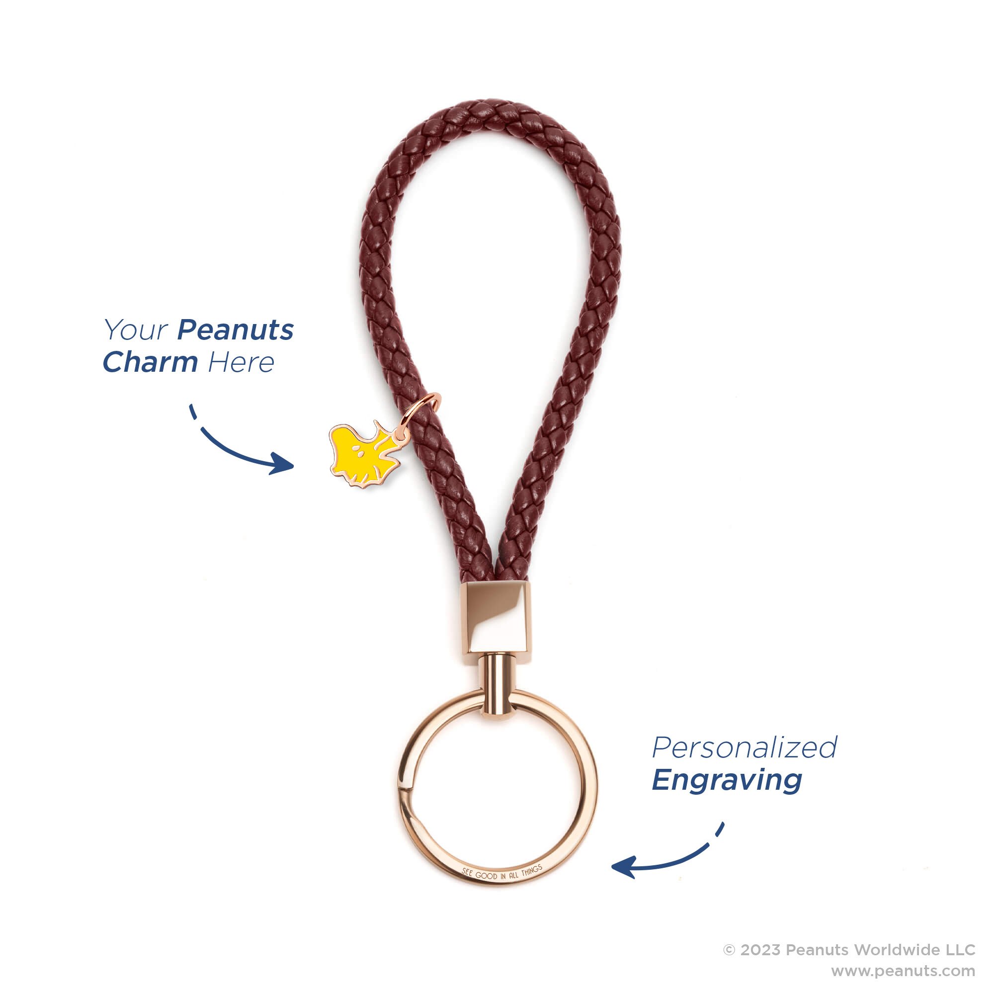 Peanuts Customized Leather Keychain - Wine Red Rose Gold Edition