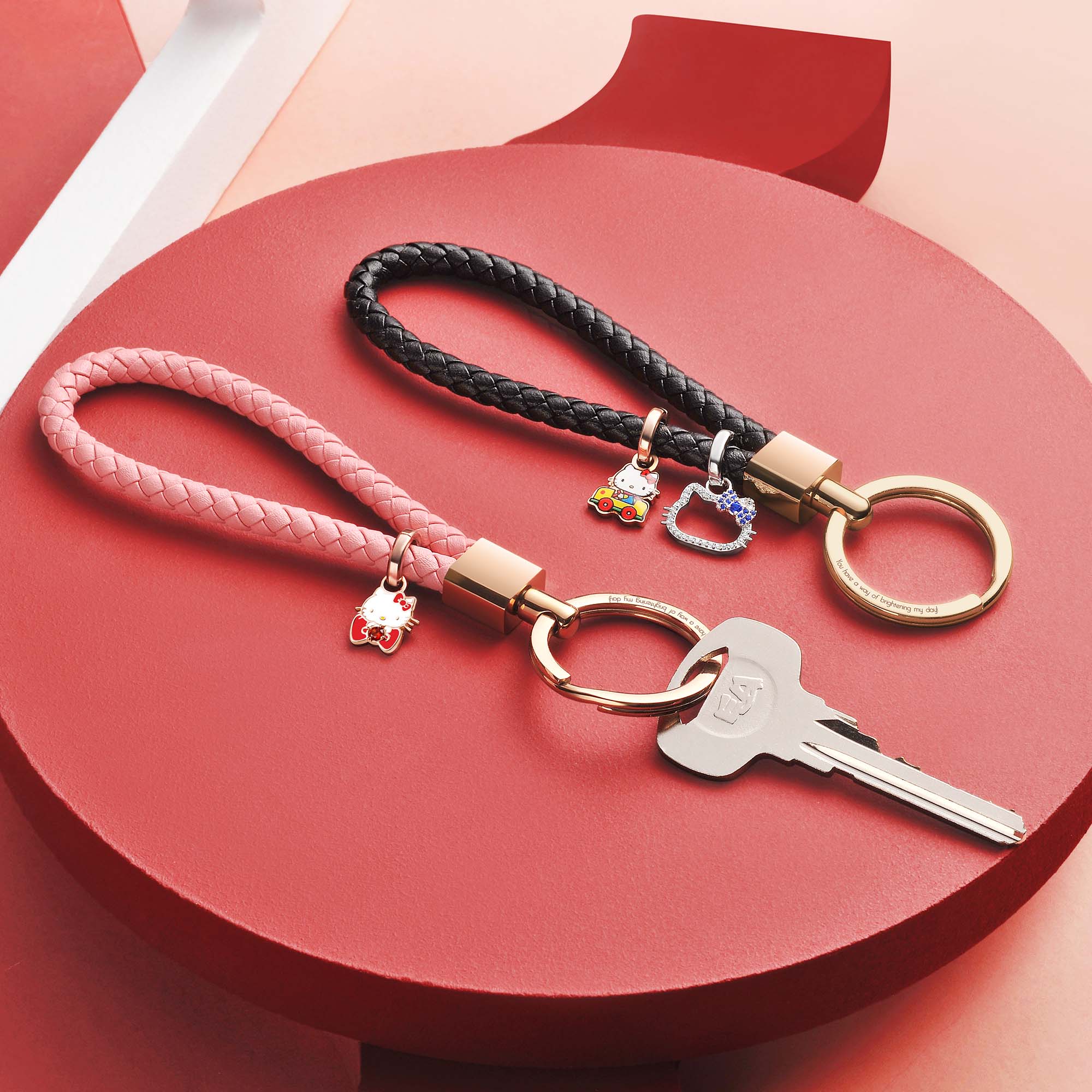 Hello Kitty Customized Italian Leather Keychain - Jet Black Rose Gold