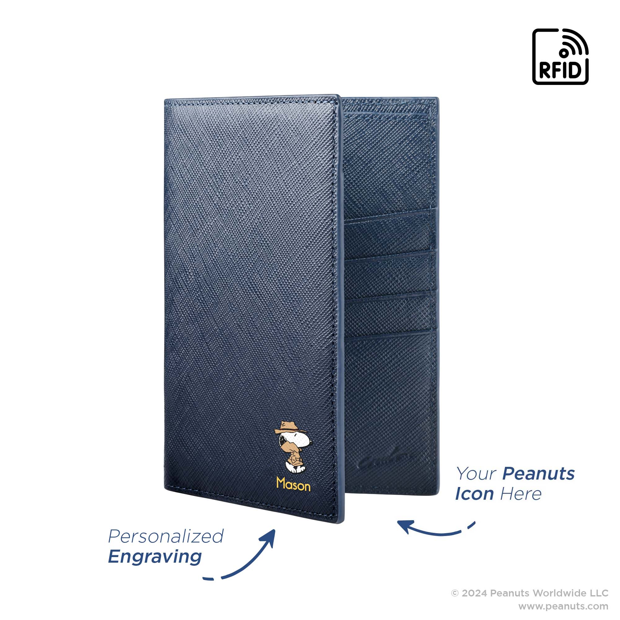 Peanuts UV Printed RFID Slim Passport Wallet - Saffiano Blue