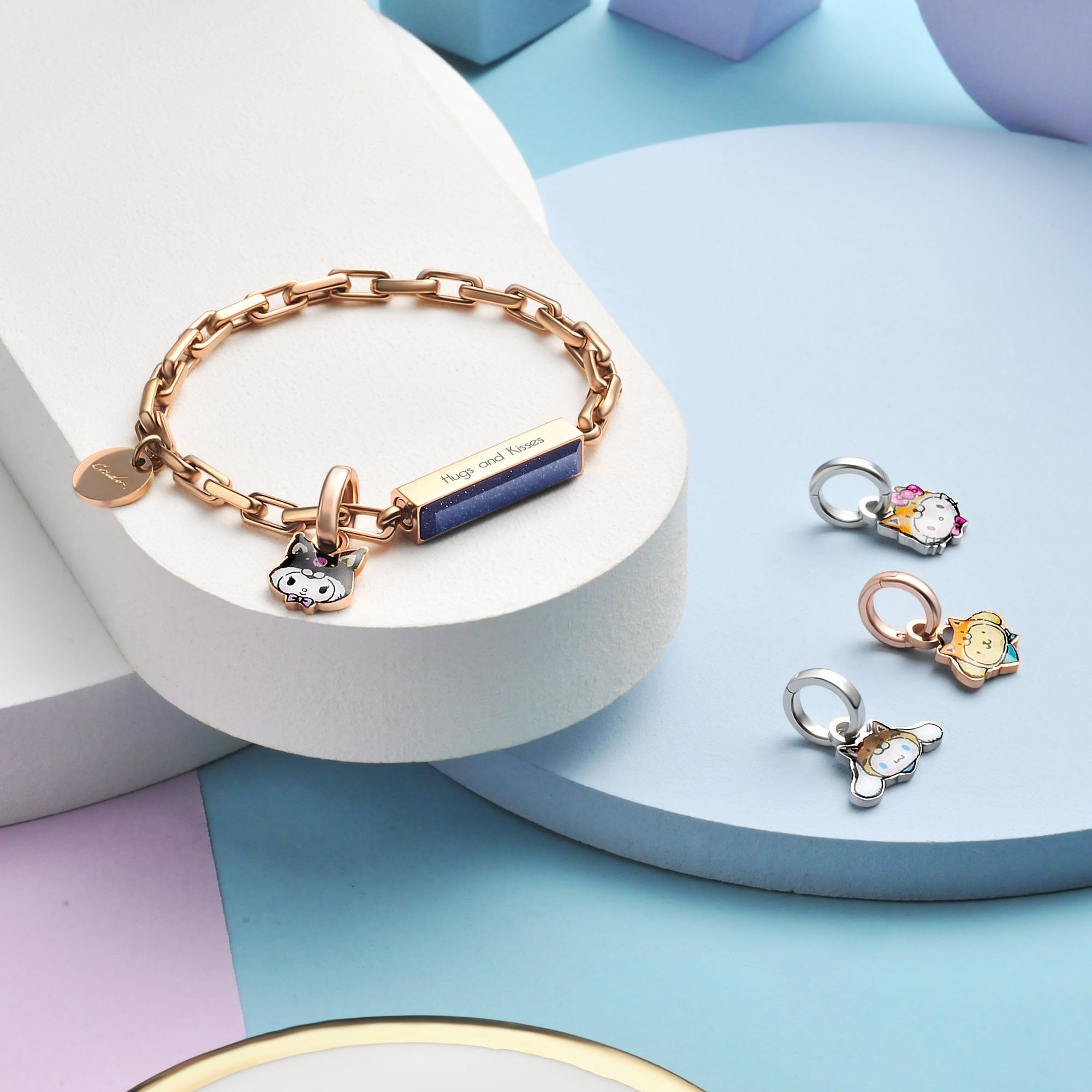 Sanrio Characters Metal Box Chain Gemstone Bracelet - Rose Gold Blue ...