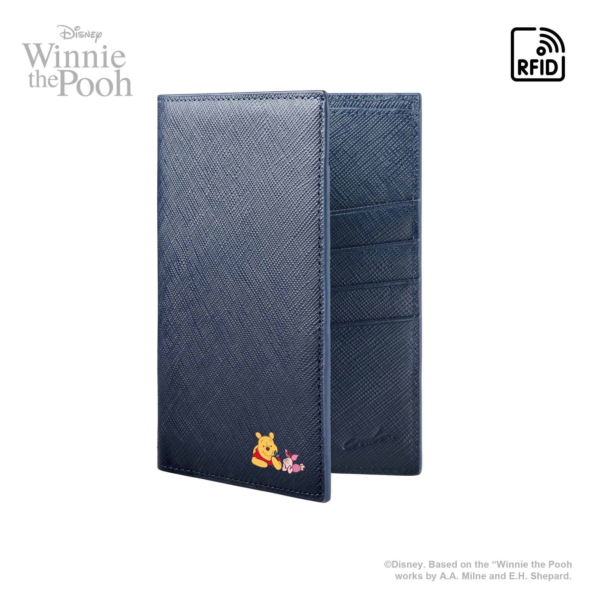 Winnie the Pooh UV Printed RFID Slim Passport Wallet - Saffiano Blue