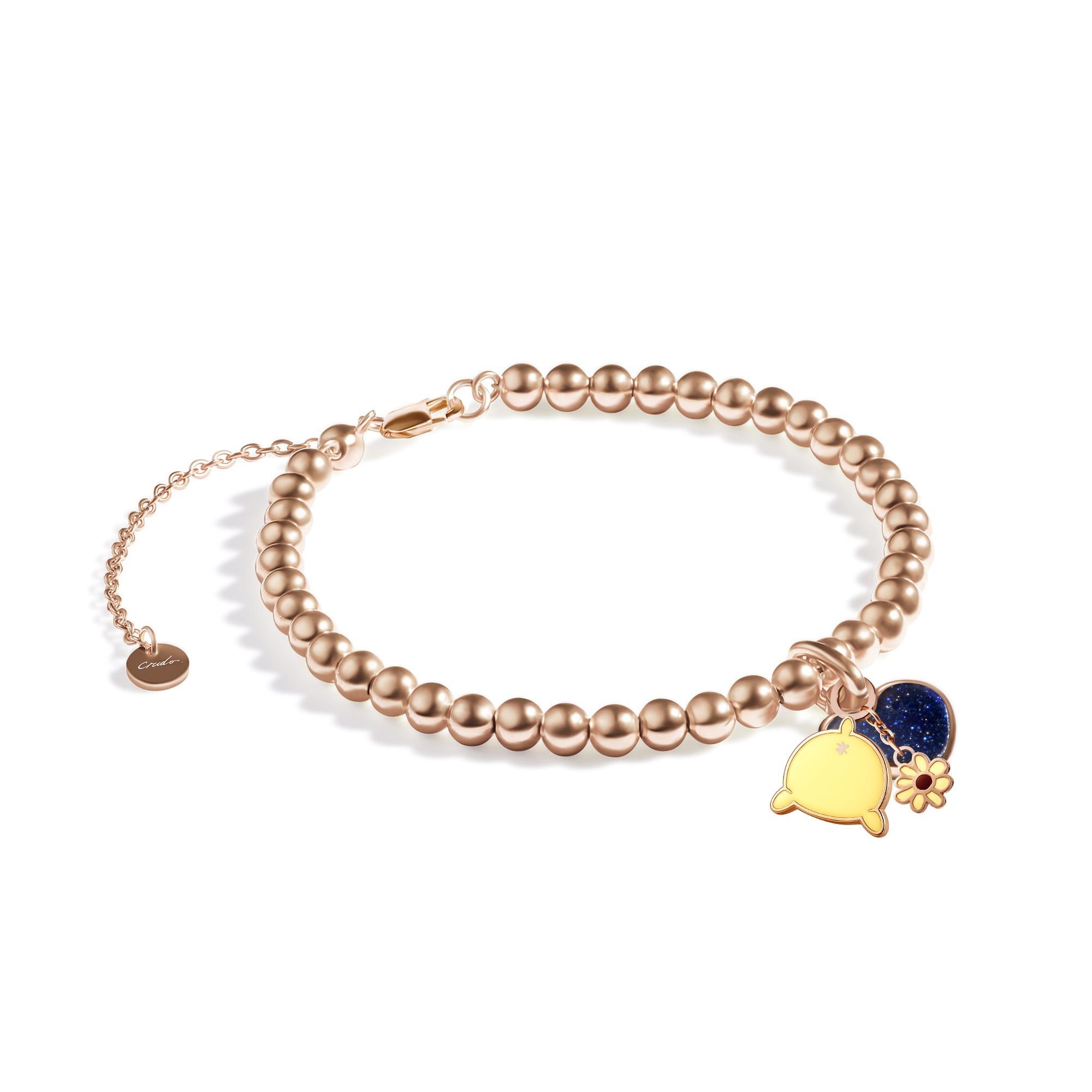 Pompompurin Customized Silver Beaded Heart Tag Bracelet - Rose Gold